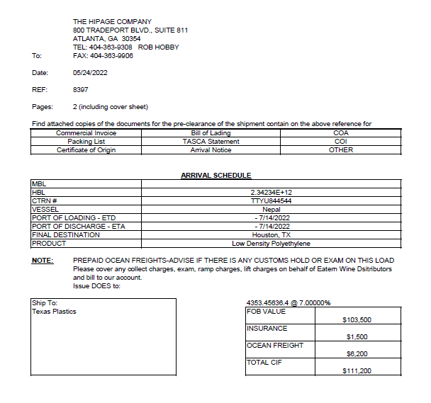 Customs Broker Instruction Sheet - Visco Software